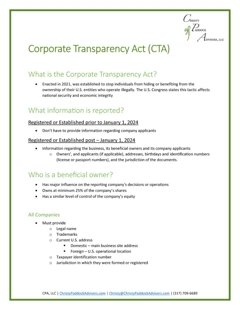 Corporate Transparency Act (CTA) | Christy Paddock Advisors